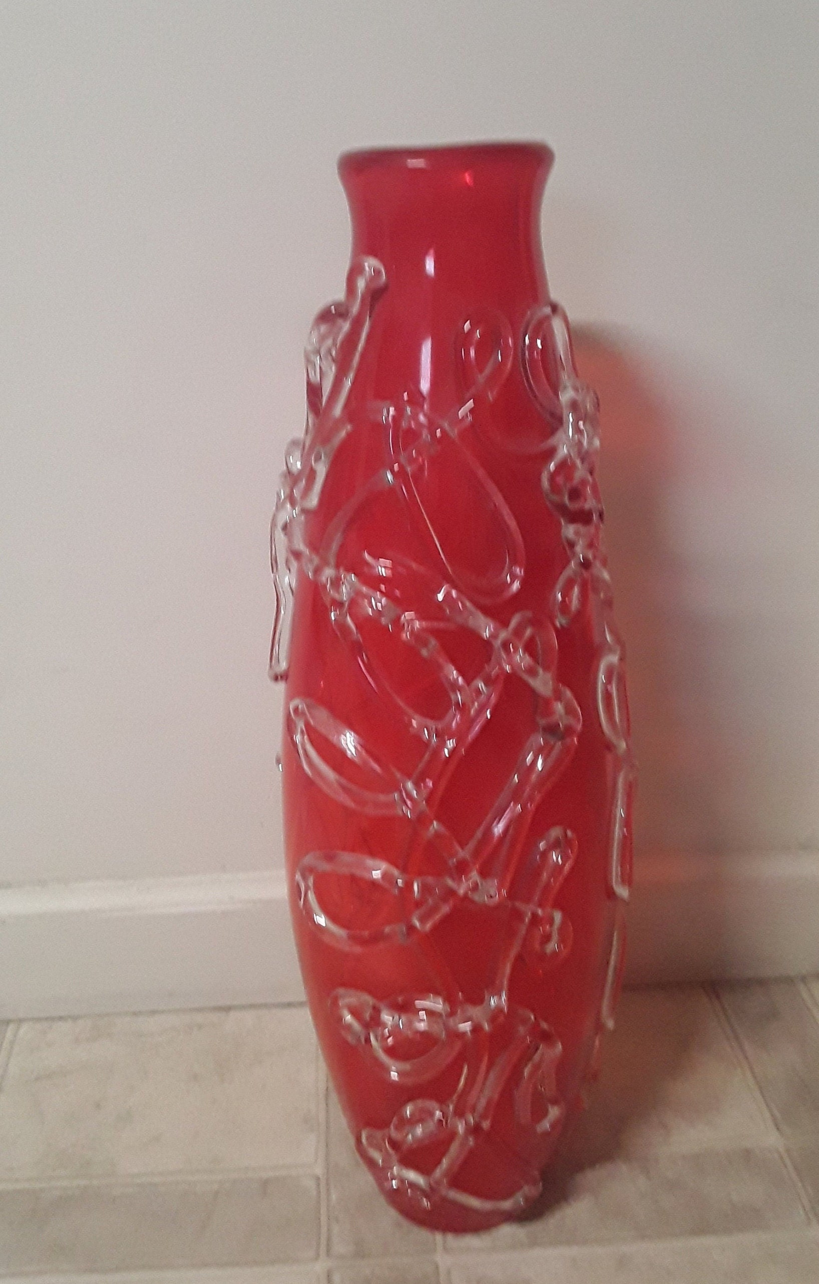 Massive Vintage Ion Tamaian Hand Blown Red and Clear White Art Glass ...