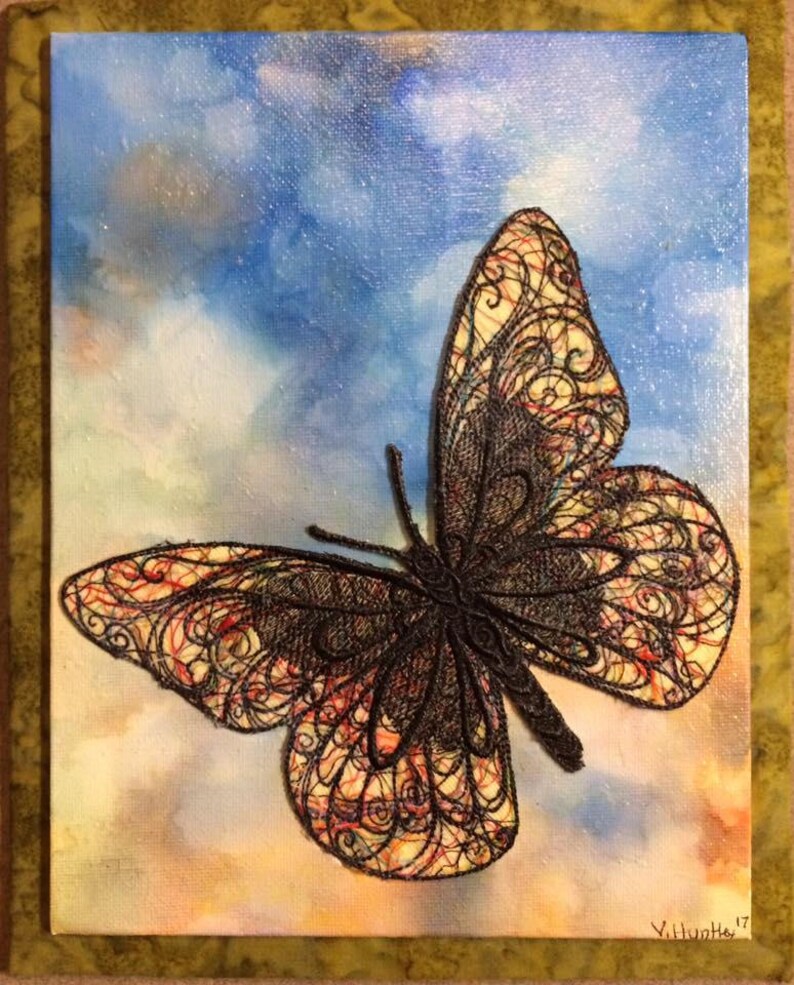 Thread Embroidered Butterfly on Acrylic Painted Canvas Framed - Etsy