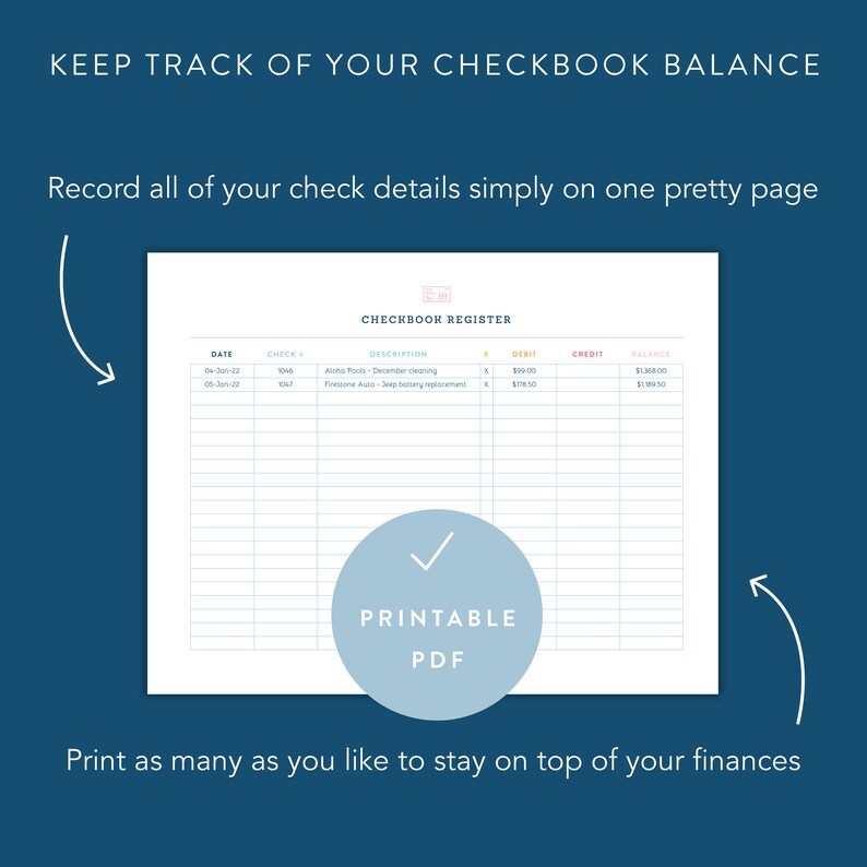 Printable Checkbook Register Monthly Checkbook Tracker Printable Check ...