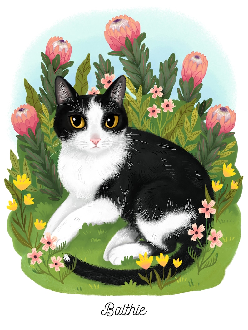 Custom Pet Portrait - Floral Background Drawing of Your Pets - Cat or ...