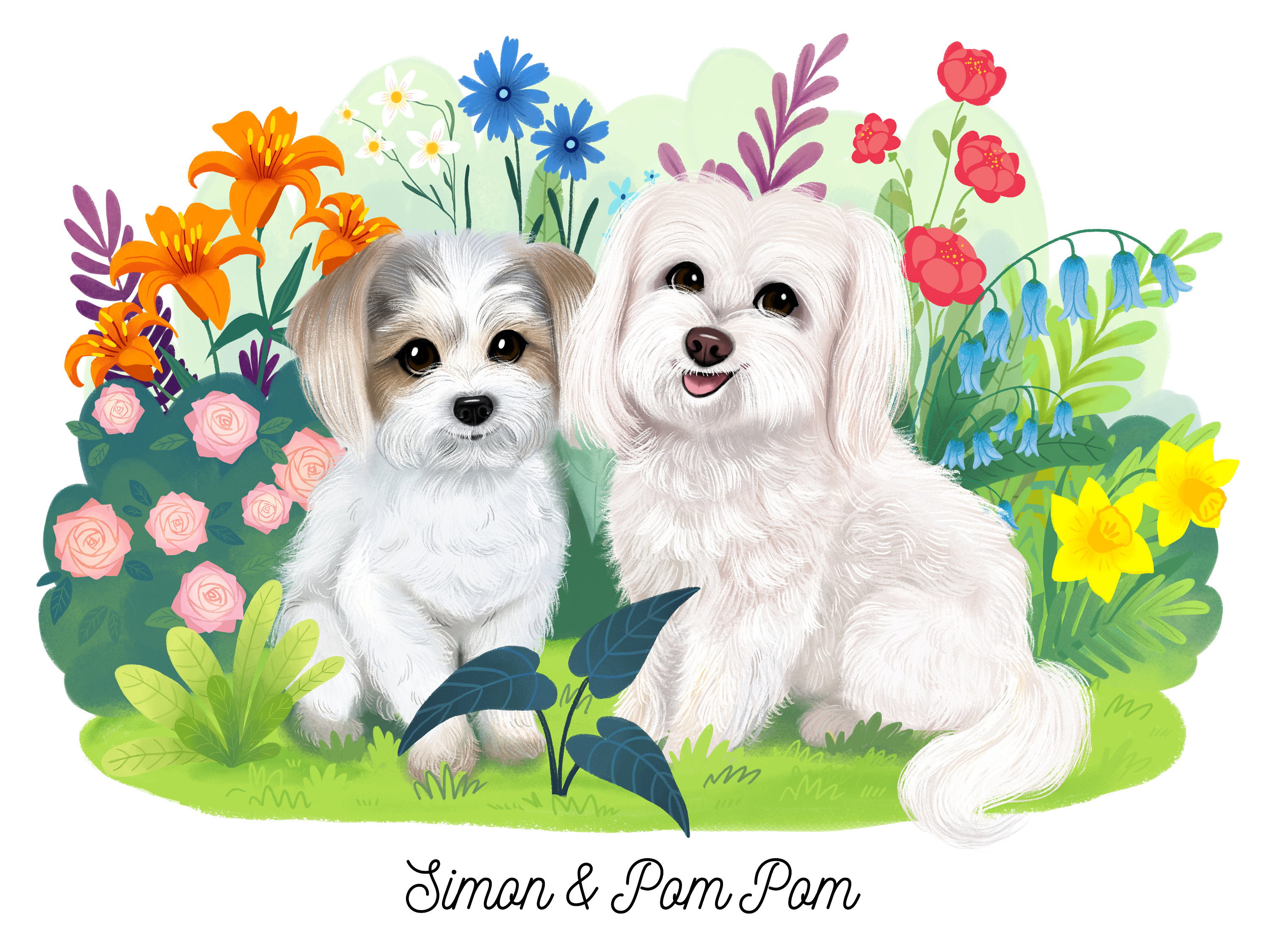 Custom Pet Portrait Floral Background Drawing of Your Pets | Etsy