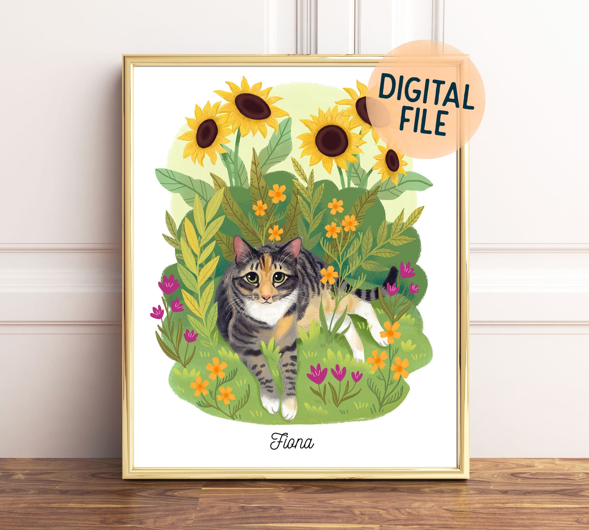 Custom Pet Portrait - Floral Background Drawing of Your Pets - Cat or ...