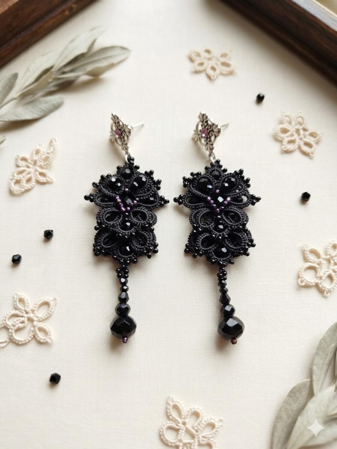 Handmade Black Gothic Tatting Earrings, Purple Drop Lace Jewelry - Etsy