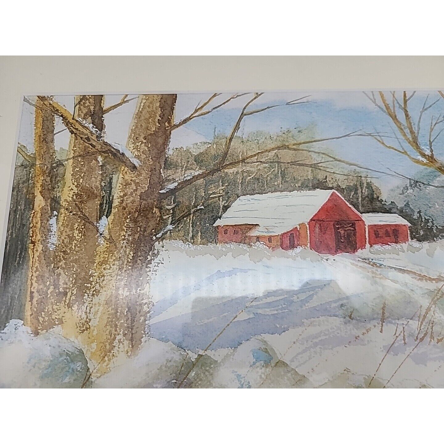 Frank Moulin Original Watercolor Painting Winter Landscape With Red ...