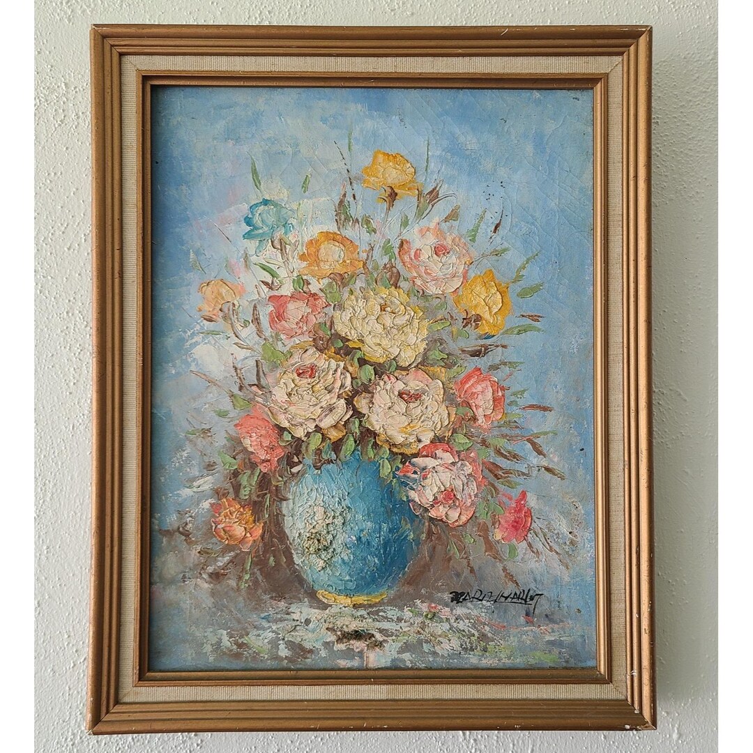 Vintage Impasto Oil on Canvas Painting Pastel Colors Still Life Flower ...