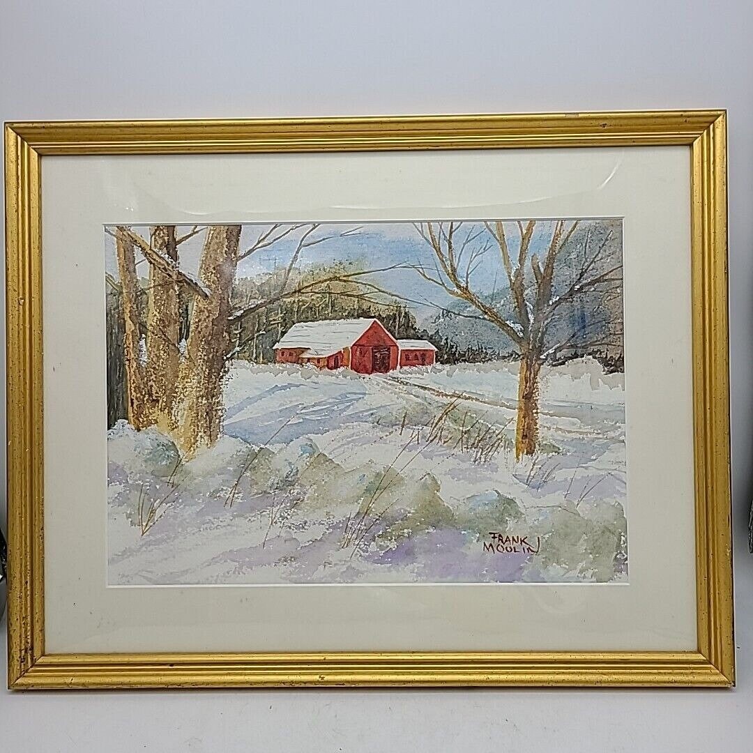 Frank Moulin Original Watercolor Painting Winter Landscape With Red ...