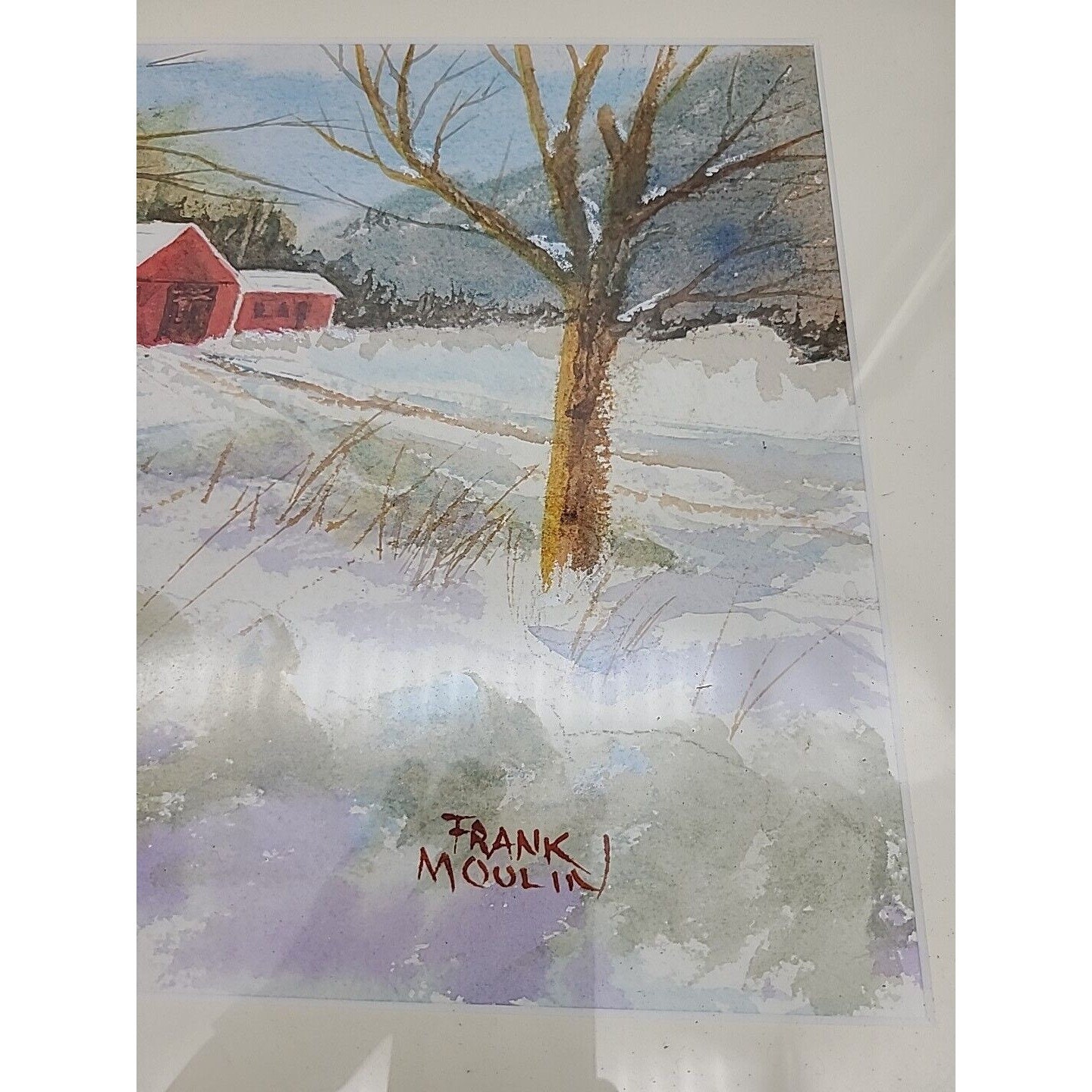Frank Moulin Original Watercolor Painting Winter Landscape With Red ...