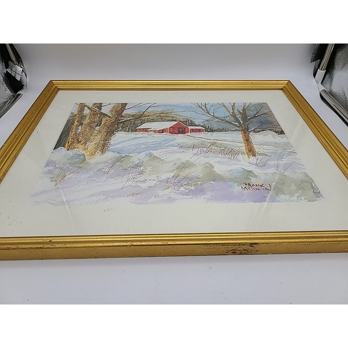 Frank Moulin Original Watercolor Painting Winter Landscape With Red ...