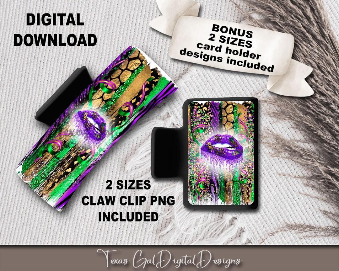 Mardi Gras Hair Clip Sublimation Design, Large Small Hair Claw PNG ...