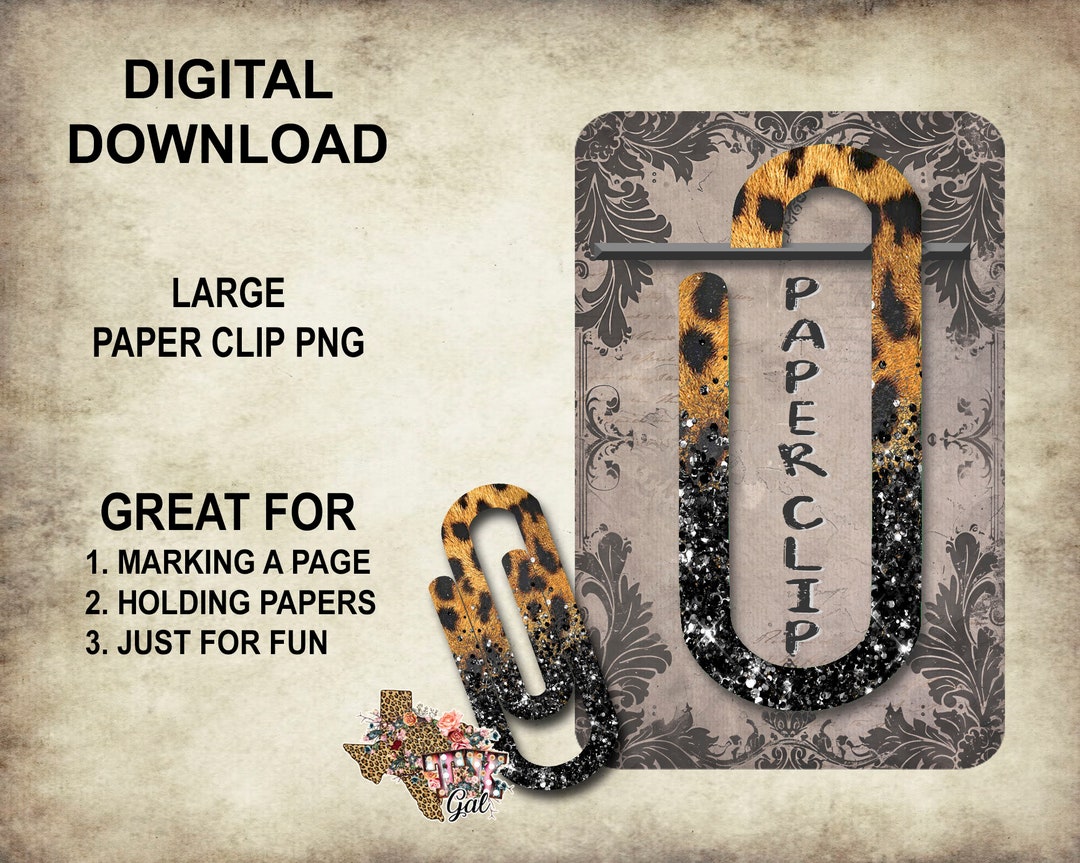 Large Paperclip Sublimation, Leopard Paperclip PNG, Black Glitter ...