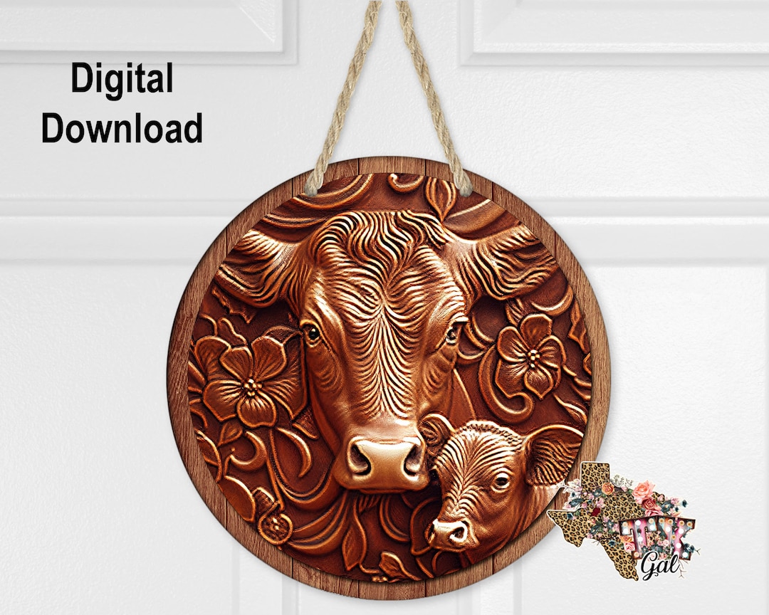 Sublimation Round Door Hanger Design PNG, Wood Cows Sublimation Design ...