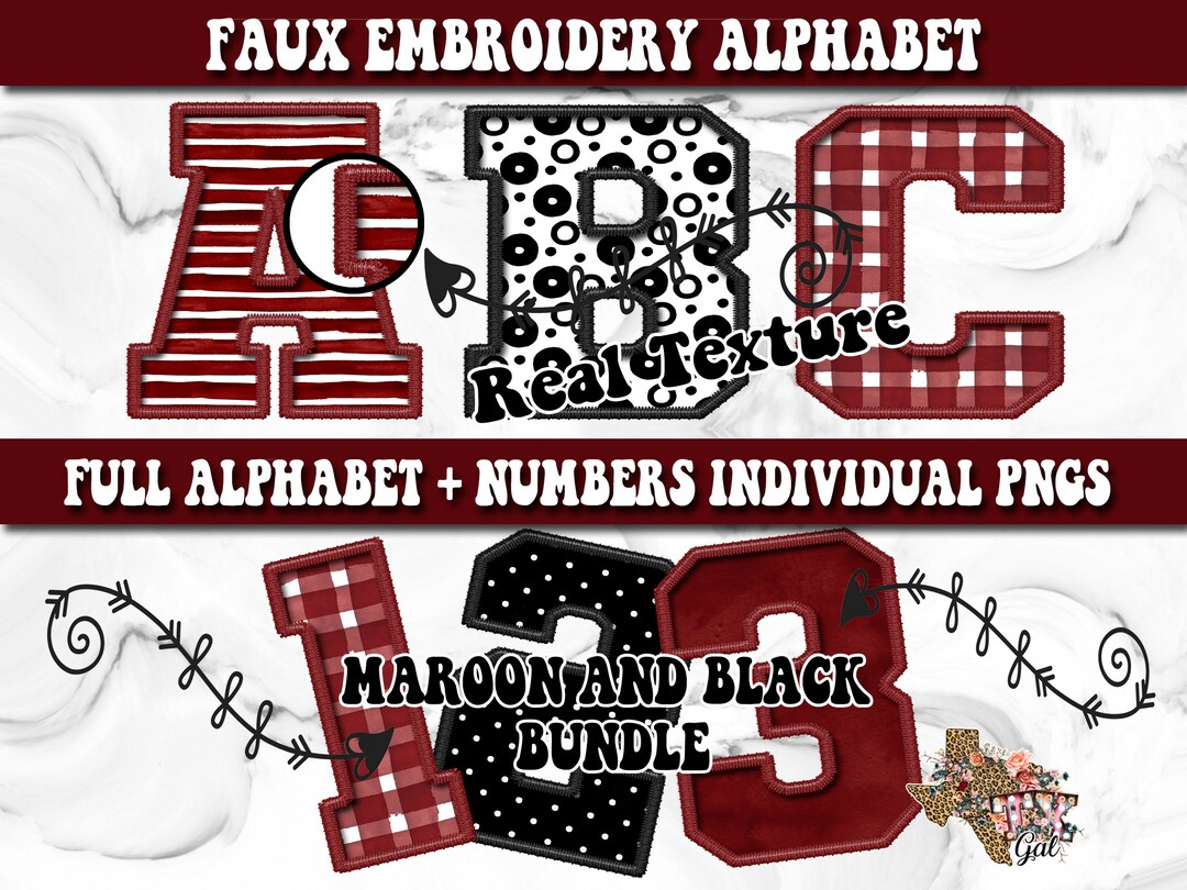 Faux Embroidered Alphabet Set, Maroon and Black Embroidered Varsity ...