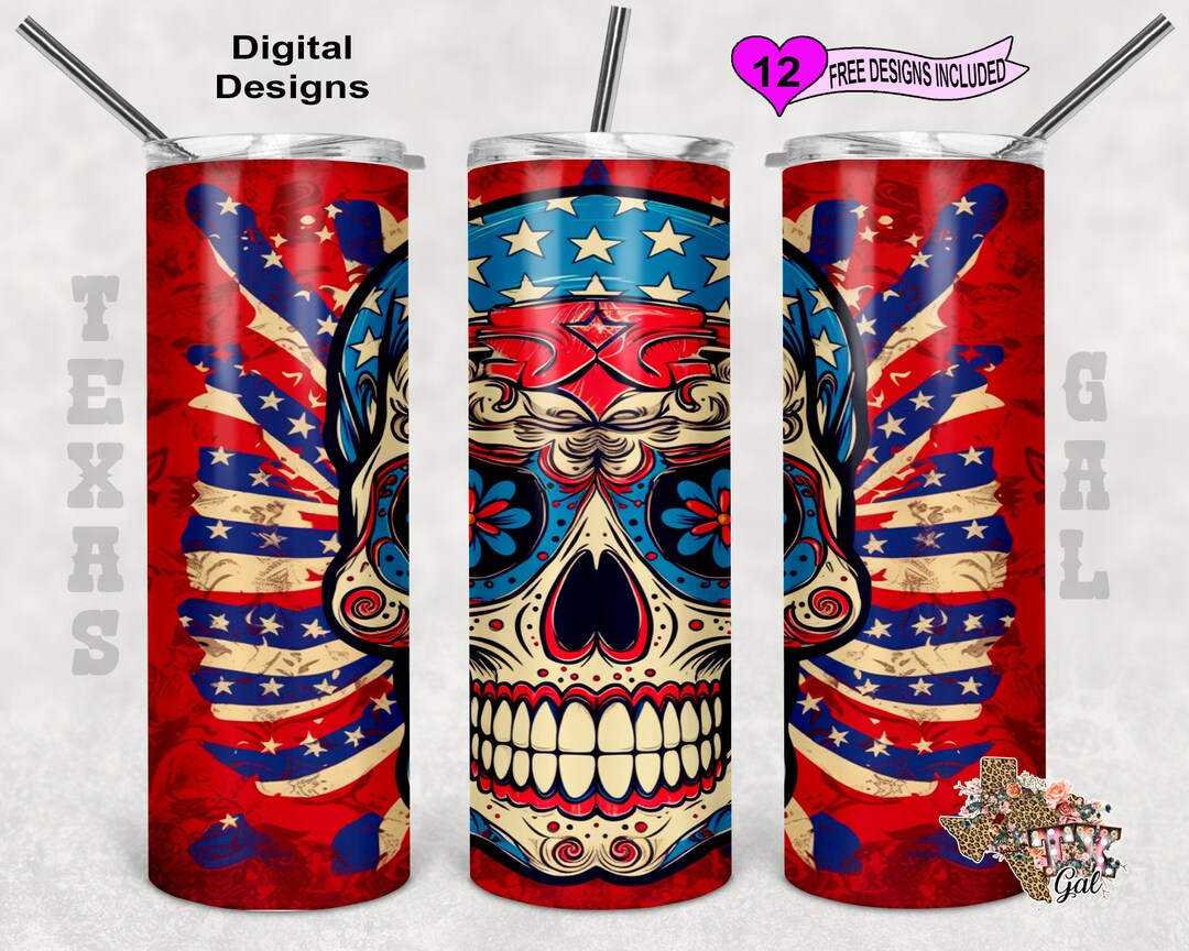 Sugar Skull Tumbler Wrap Red White Blue Tumbler Wrap 20oz Sublimation