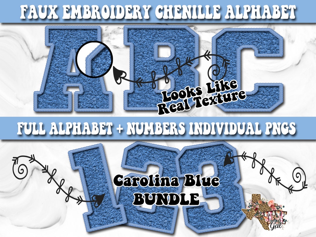 Faux Embroidered Chenille Alphabet Set, Carolina Blue Chenille ...