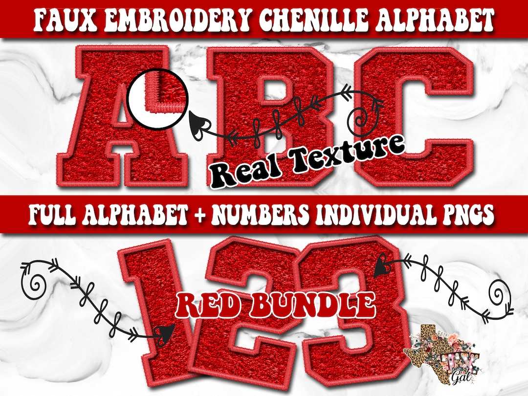 Faux Embroidered Chenille Alphabet Set, Red Chenille Embroidered ...