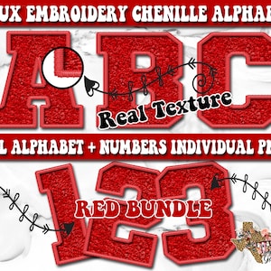 Faux Embroidered Chenille Alphabet Set, Red Chenille Embroidered ...