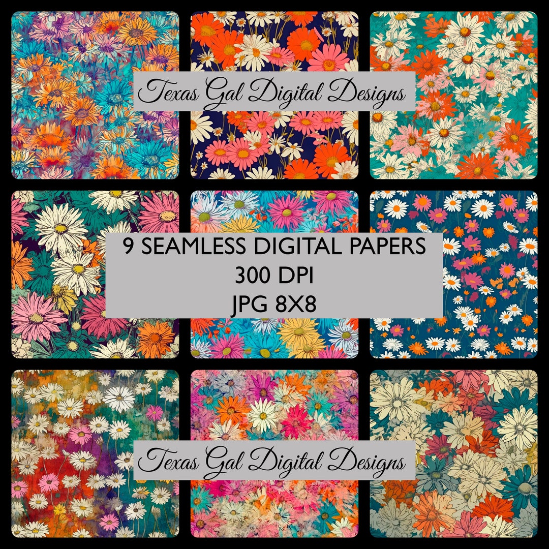 Vintage Daisies Digital Paper, 9 Seamless Floral Patterns Digital Paper ...