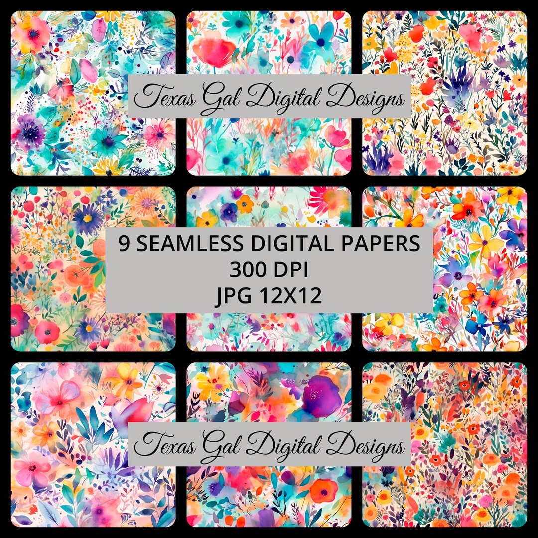 Watercolor Flowers Digital Paper, 9 Seamless Floral Patterns Digital ...