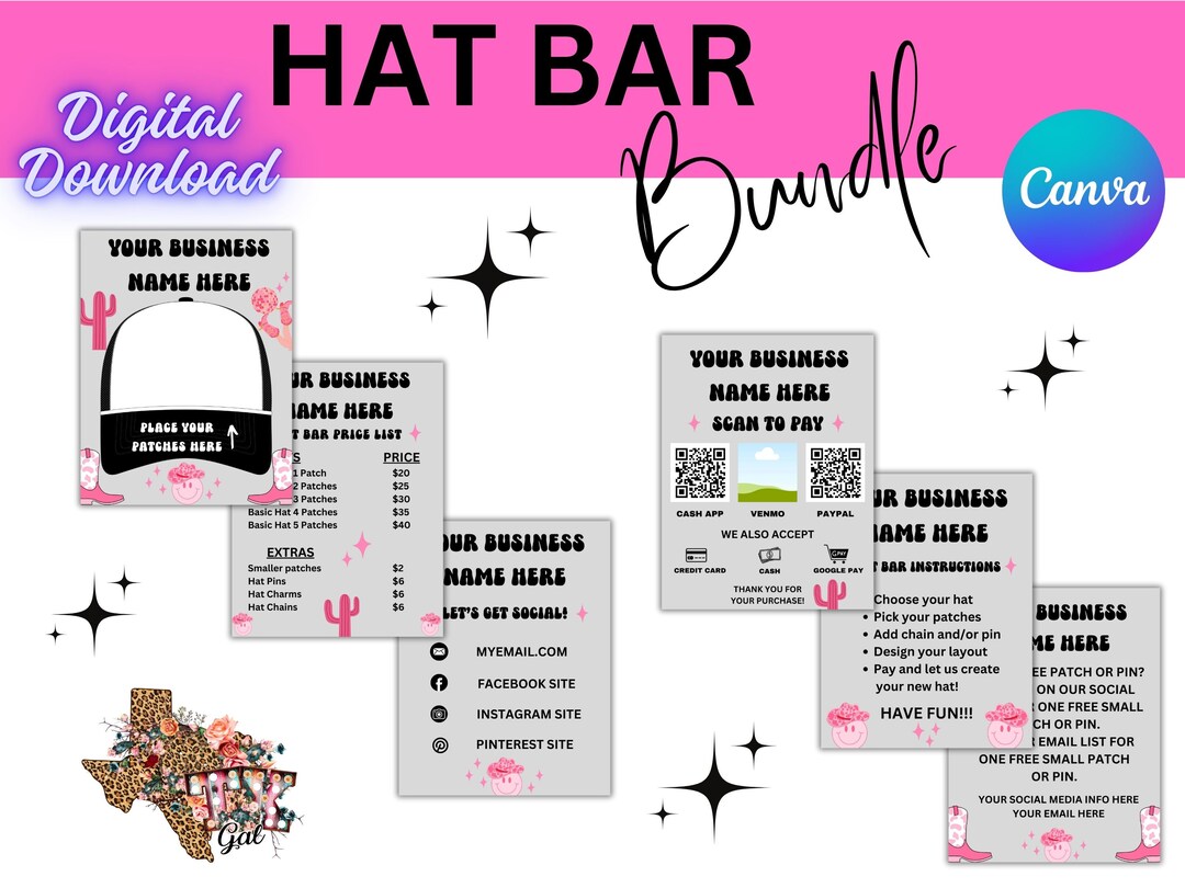 Trucker Hat Bar Editable Template Bundle, Hat Bar Printable Templates ...