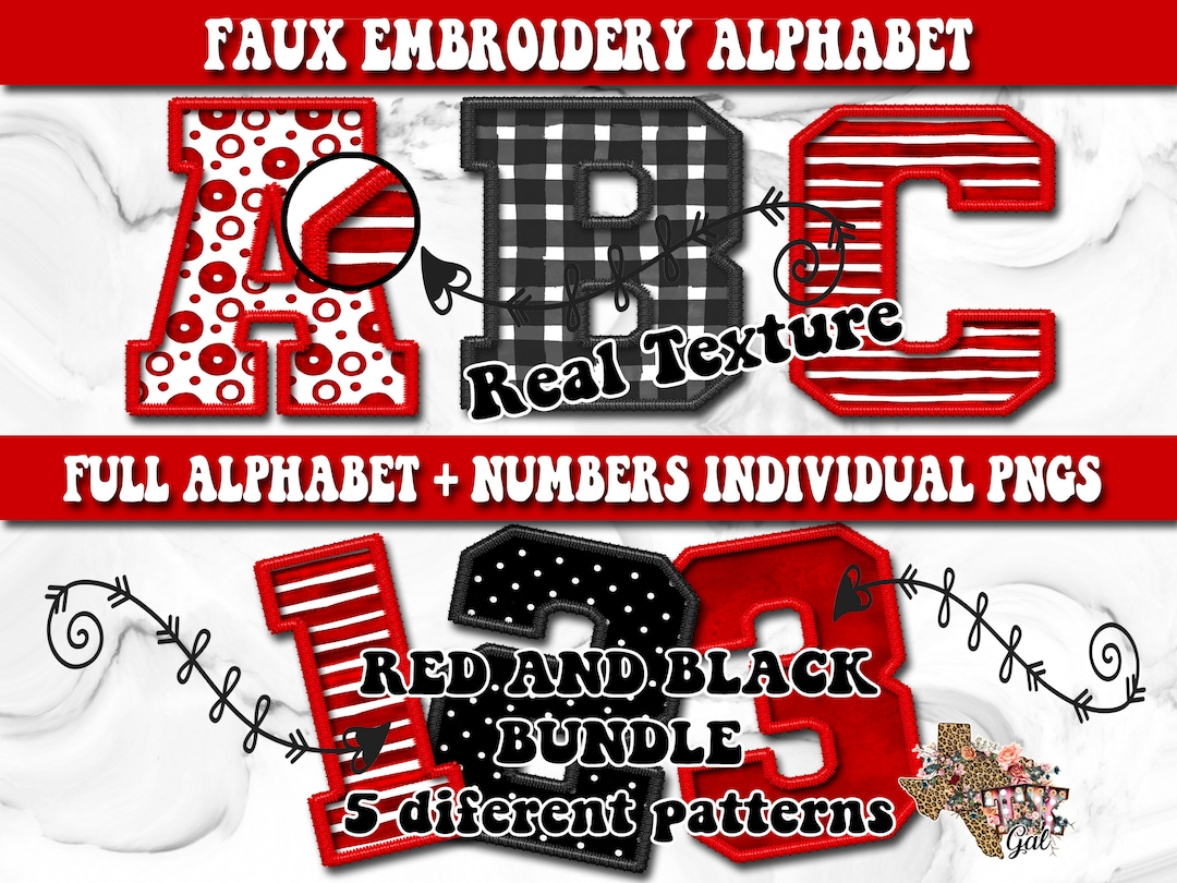 Faux Embroidered Alphabet Set, Red and Black Embroidered Varsity Patch ...