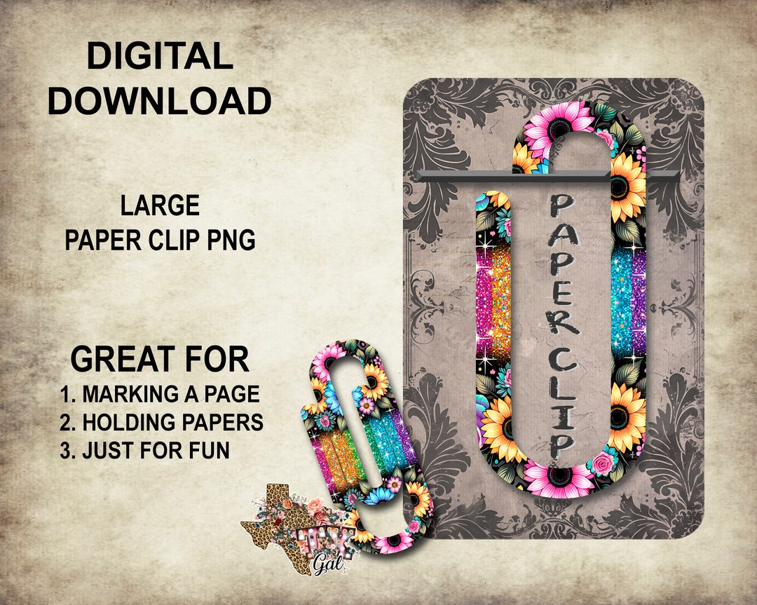 Large Paperclip Sublimation, Flowers Paperclip PNG, Glitter Paperclip ...