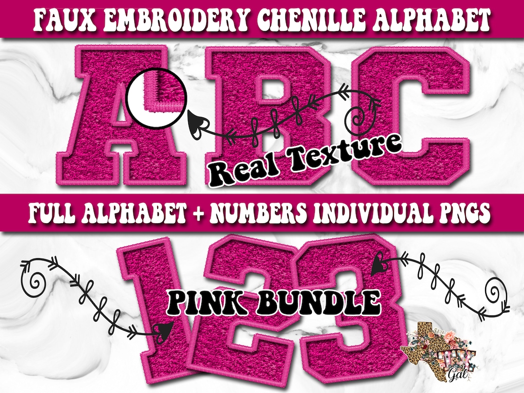 Faux Embroidered Chenille Alphabet Set, Pink Chenille Embroidered ...