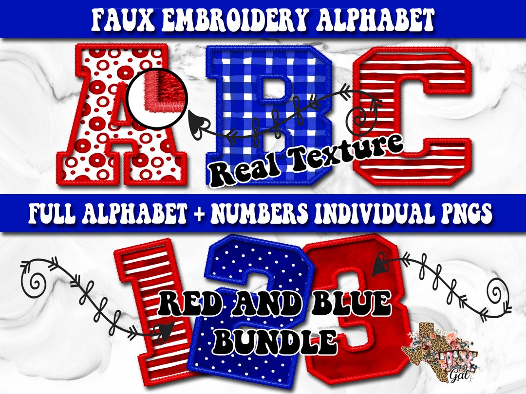 Faux Embroidered Alphabet Set, Red and Blue Embroidered Varsity Patch ...
