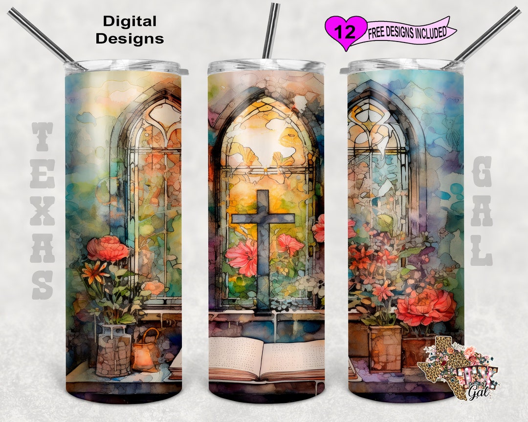 Church Window With Cross and Bible Tumbler Wrap, Watercolor Tumbler ...
