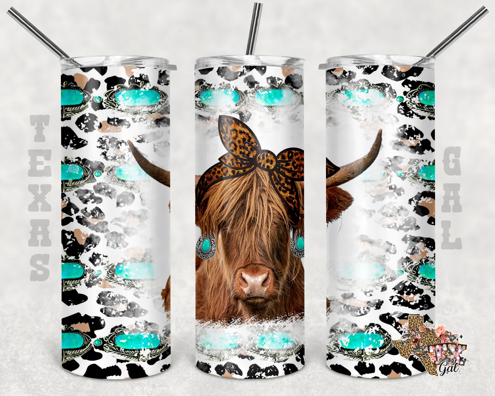 20 Oz Skinny Tumbler Highland Cow Turquoise Seamless Sublimation Design ...