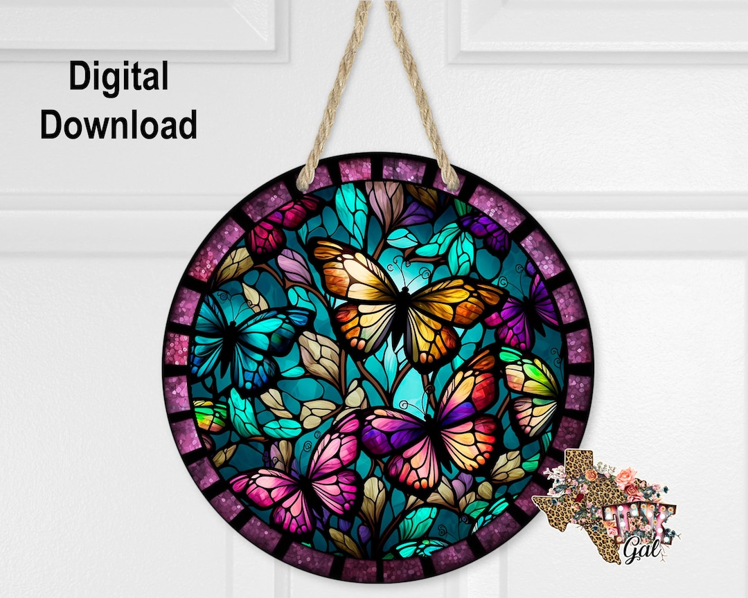 Sublimation Round Door Hanger Design PNG, Stain Glass Butterflies ...