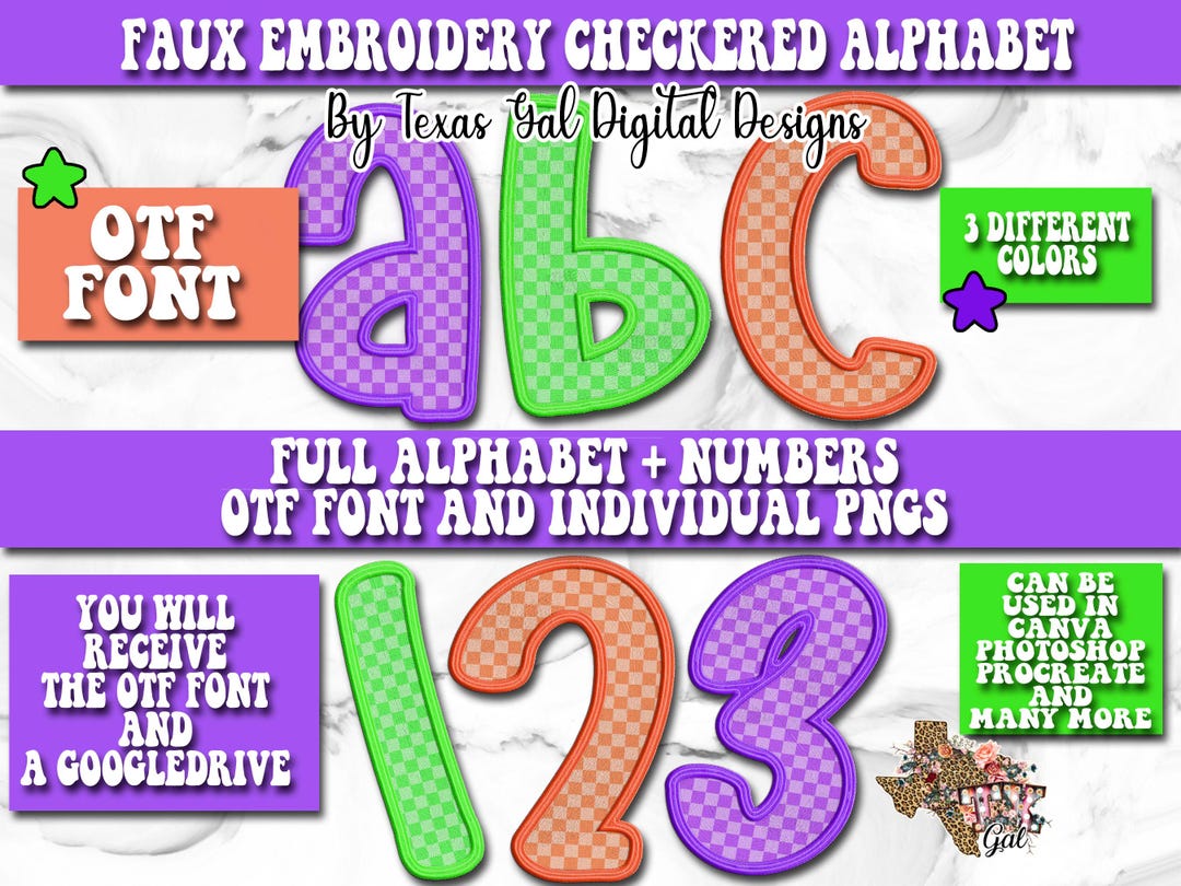 Faux Embroidered Checkered OTF Font Alphabet Set, 3 Different Colors ...