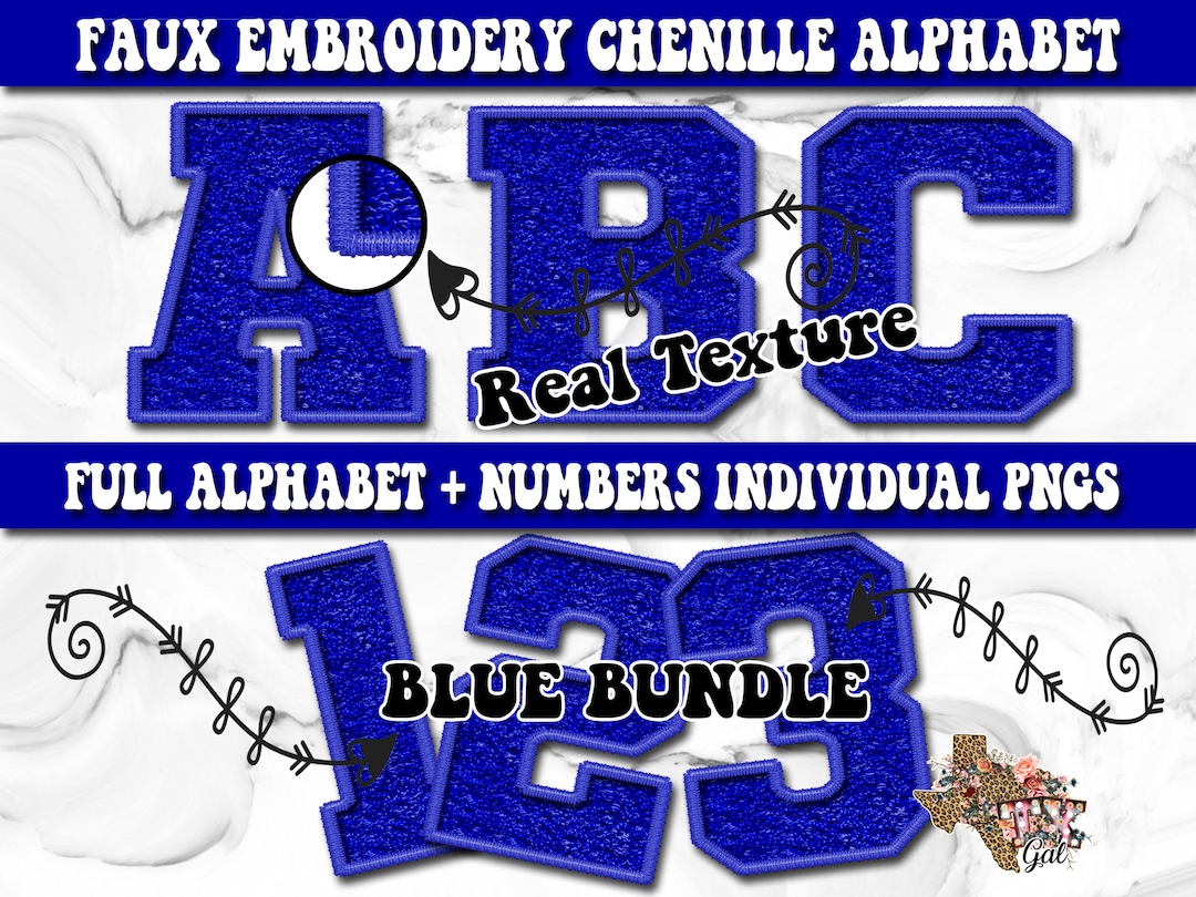 Faux Embroidered Chenille Alphabet Set, Blue Chenille Embroidered ...