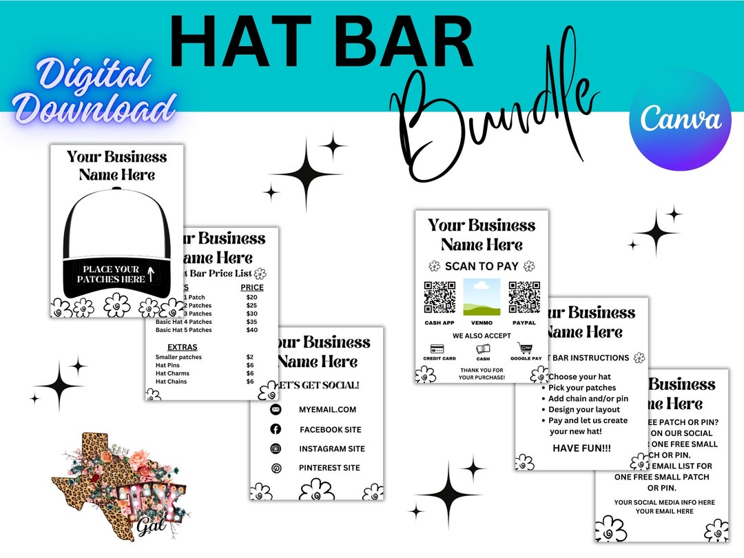 Trucker Hat Bar Editable Template Bundle, Hat Bar Printable Templates ...