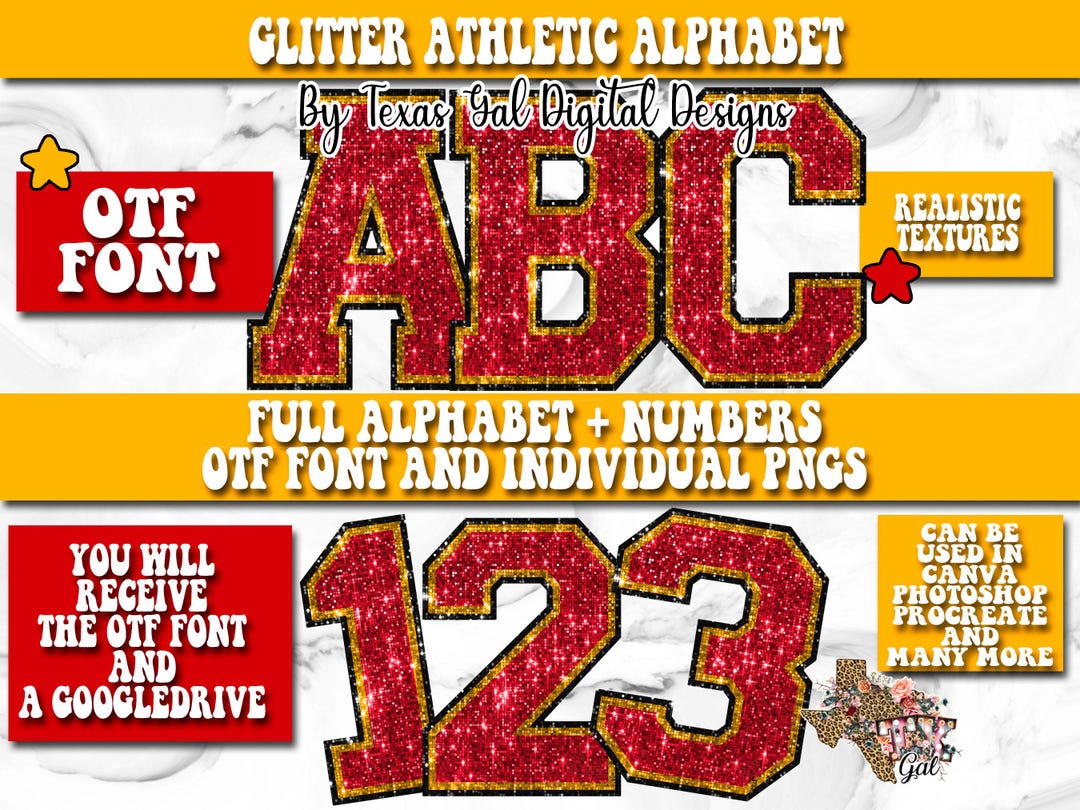 Athletic Glitter OTF Font Alphabet, OTF Glitter Font, Athletic Font ...