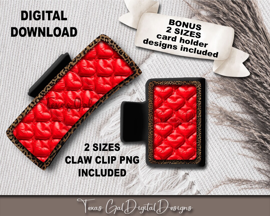 3D Hearts Hair Clip Sublimation, Large Small Hair Claw PNG, Hair Clip ...