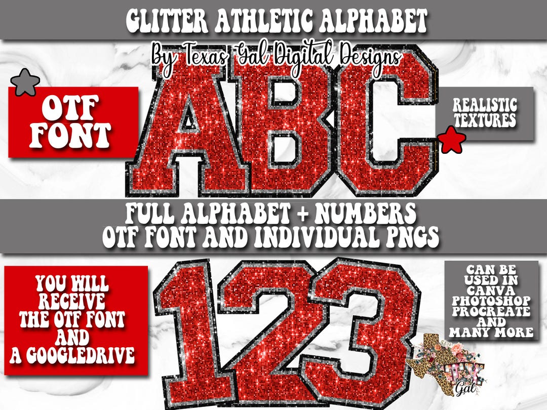 Athletic Glitter OTF Font Alphabet, OTF Glitter Font, Athletic Font ...