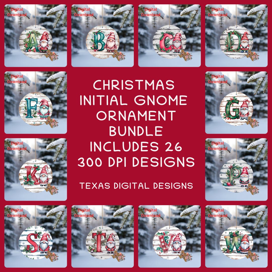 Christmas Initial Gnome Ornament Bundle PNG, Sublimation Design Bundle ...