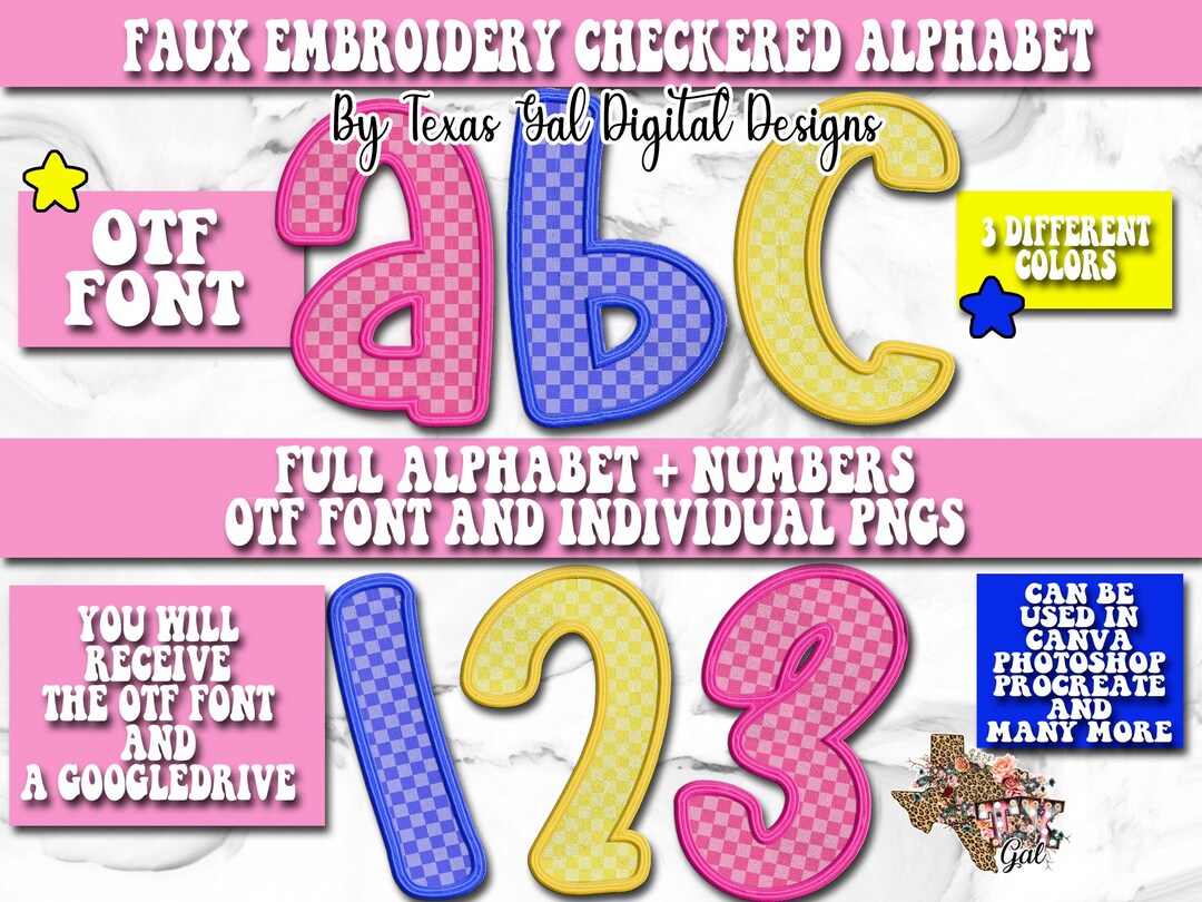 Faux Embroidered Checkered OTF Font Alphabet Set, 3 Different Colors ...
