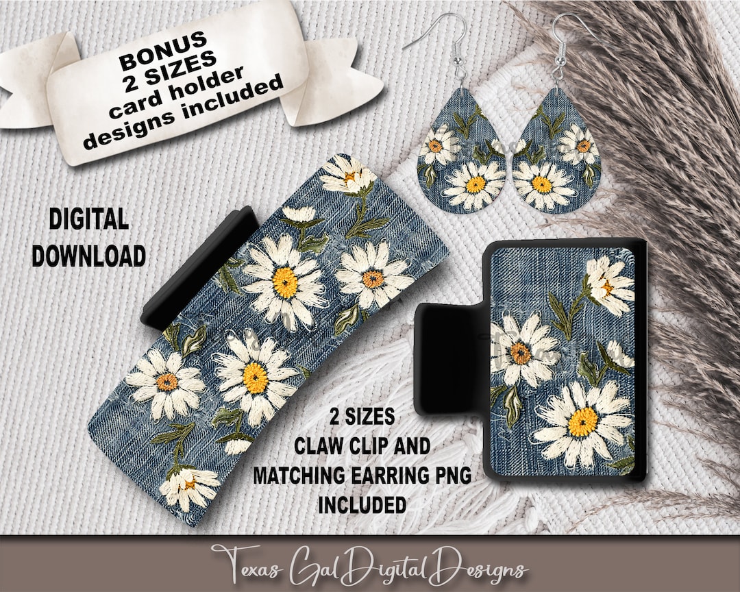 Denim Hair Clip Sublimation, Daisies Hair Clip, Earring PNG, Large ...