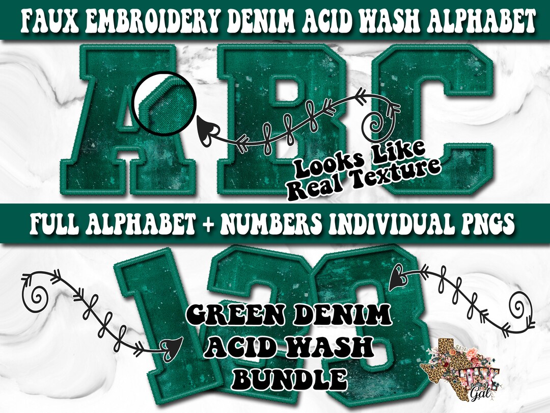 Faux Embroidered Acid Wash Alphabet Set, Green Denim Embroidered ...