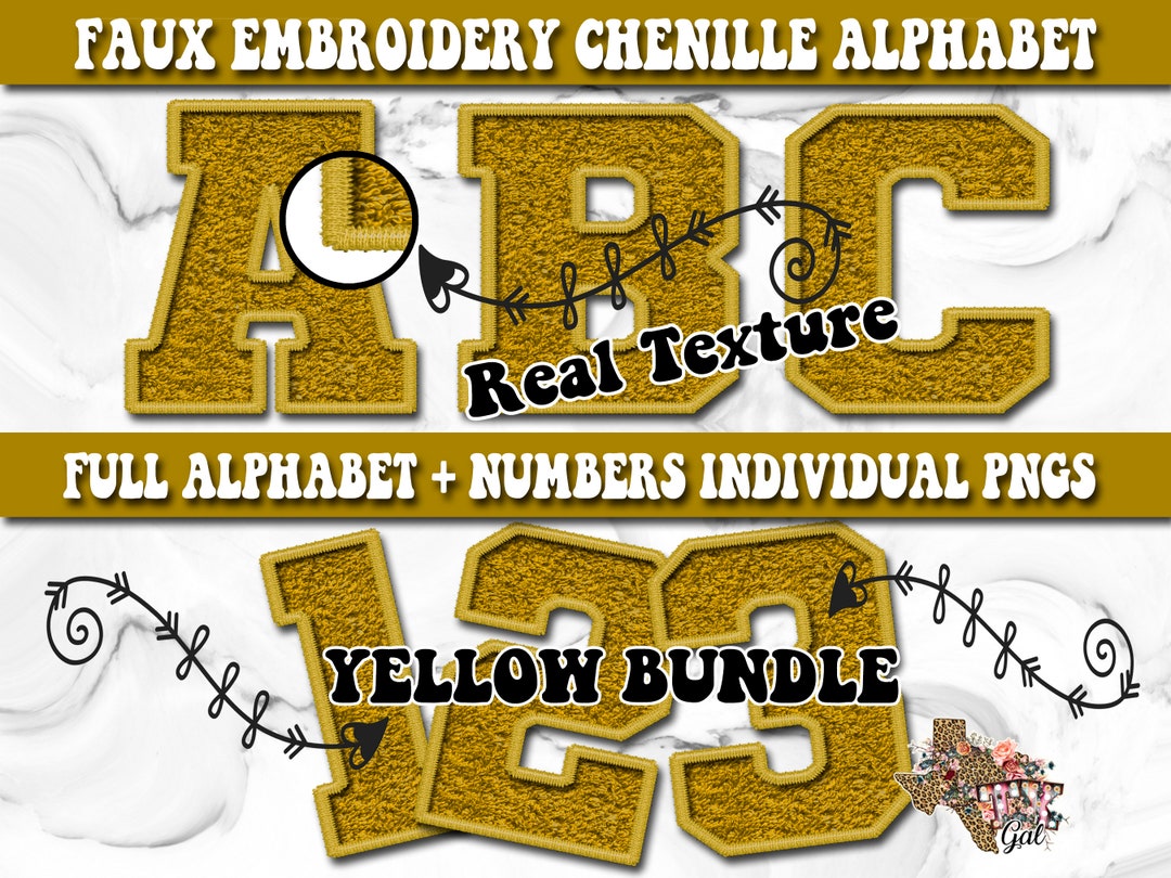 Faux Embroidered Chenille Alphabet Set, Yellow Chenille Embroidered ...