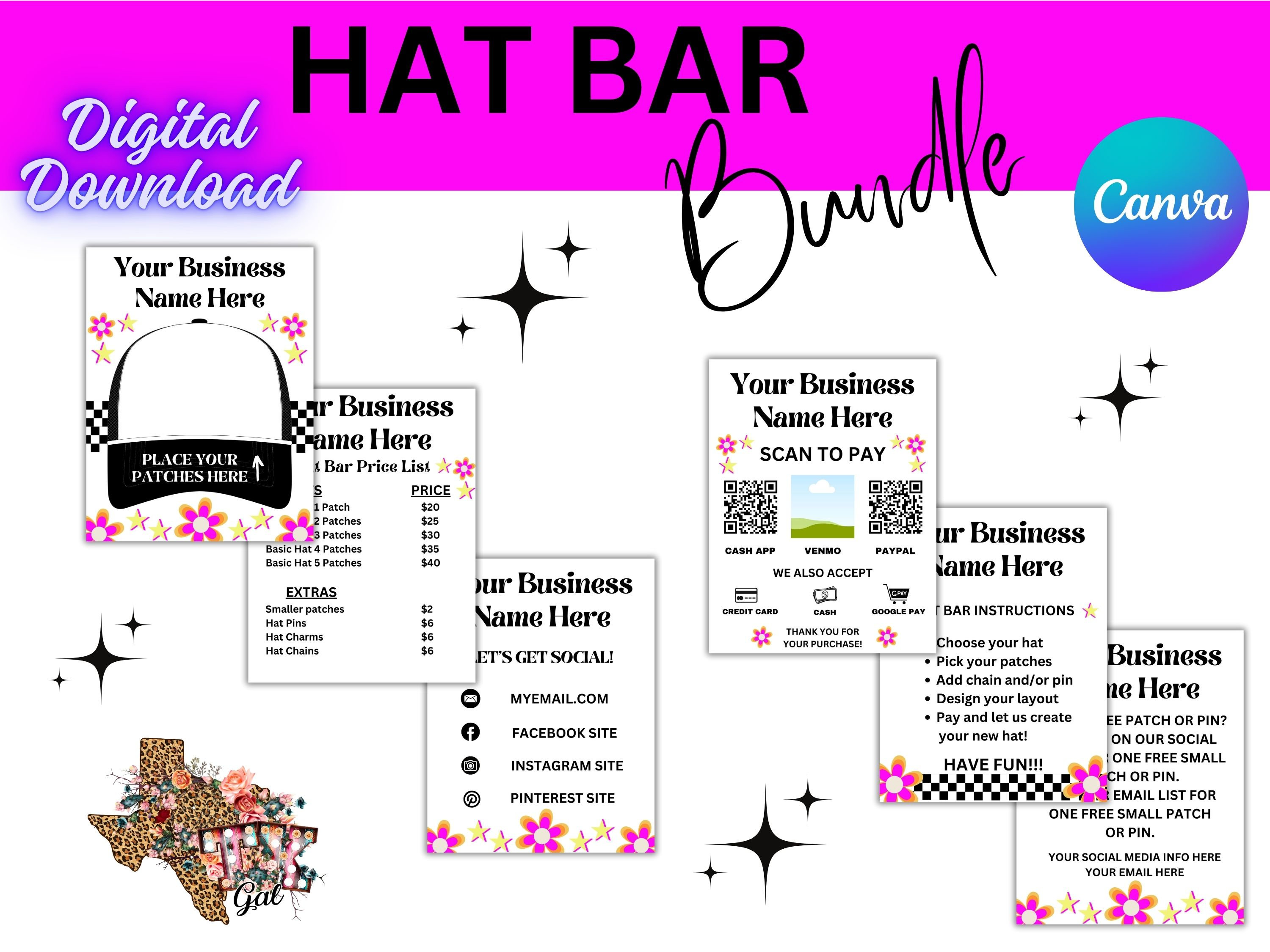 Trucker Hat Bar Editable Template Bundle, Hat Bar Printable Templates ...