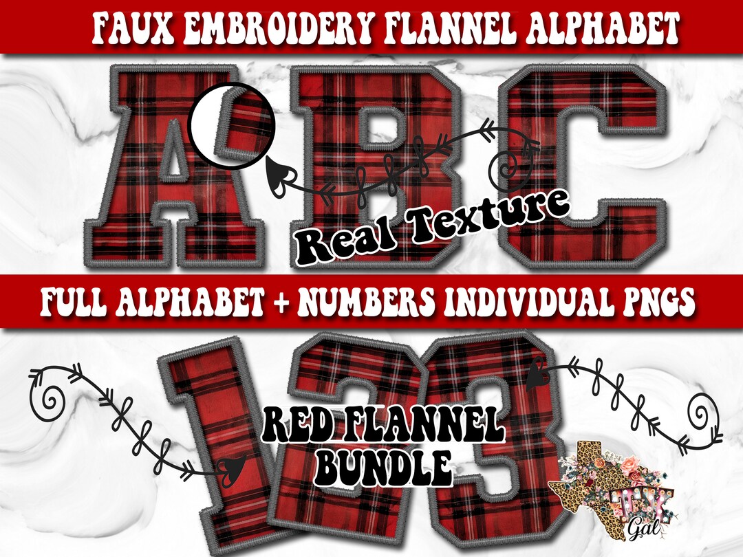 Faux Embroidered Flannel Alphabet Set, Red Flannel Embroidered Varsity ...