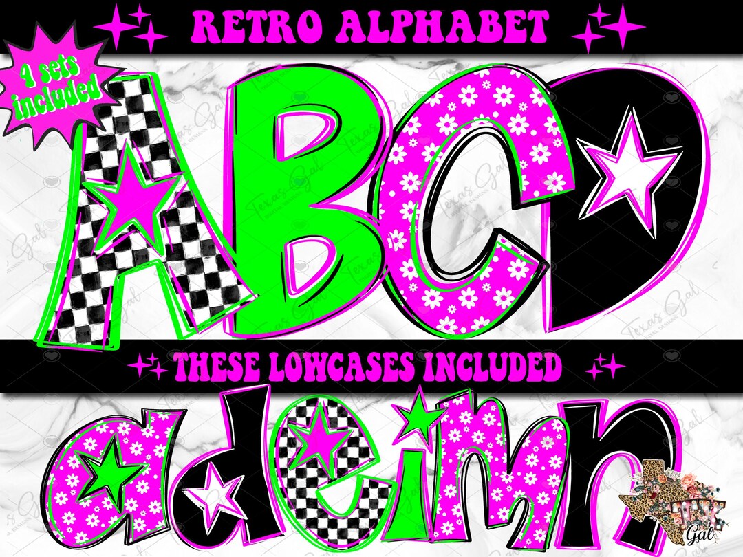 Retro Doodle Alphabet, Neon Alpha Set, Alpha Bundle Set, Doodle Letters ...