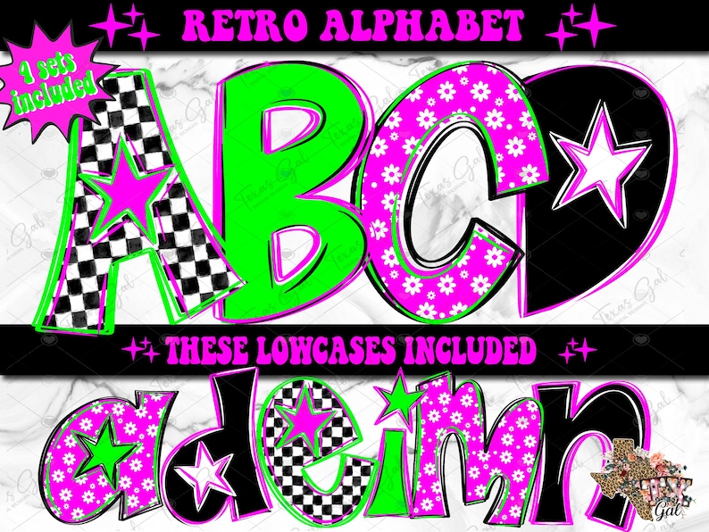 Retro Doodle Alphabet, Neon Alpha Set, Alpha Bundle Set, Doodle Letters ...