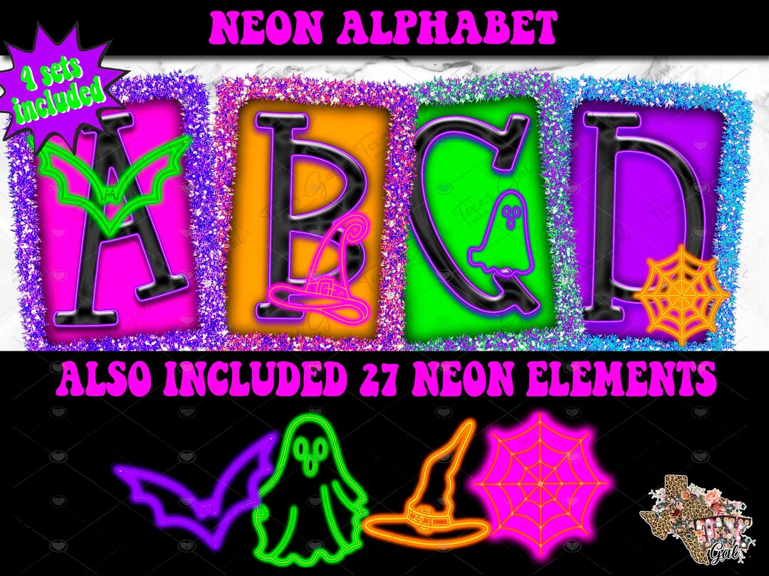 Neon Doodle Alphabet, Neon Alpha Set, Halloween Alpha Bundle Set ...