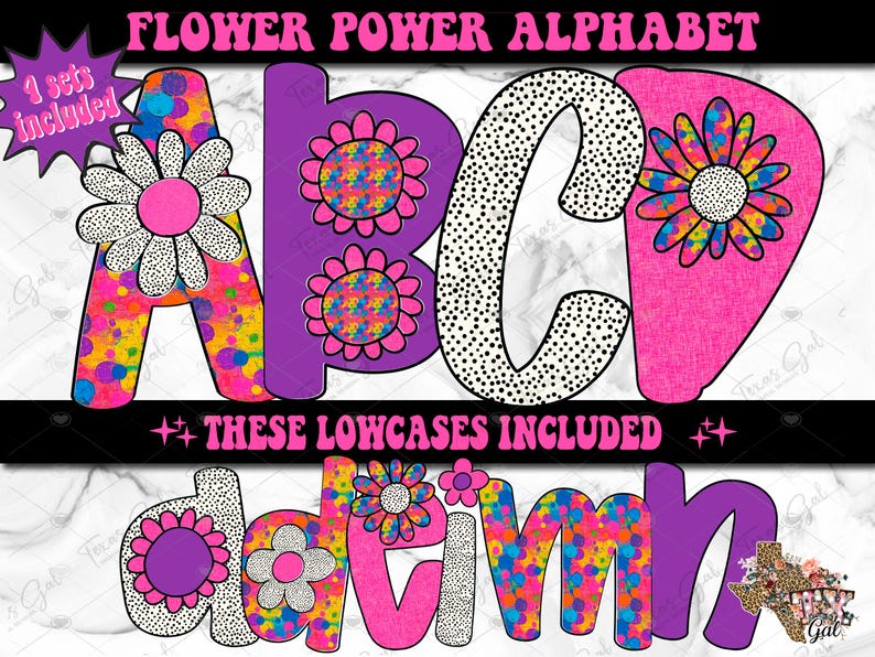 Retro Flower Doodle Alphabet PNG, Alpha Bundle Set, Doodle Letters ...