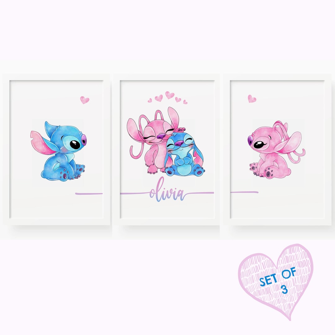 Stitch Angel Set of 3 Name Prints. PERSONALISED SET 0F 3 Watercolour ...