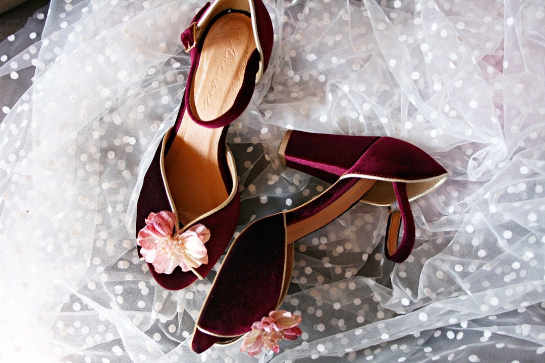 Plum Wine Shoes Flower , Bridal Shoes, Evening Velvet Shoes, Leather ...