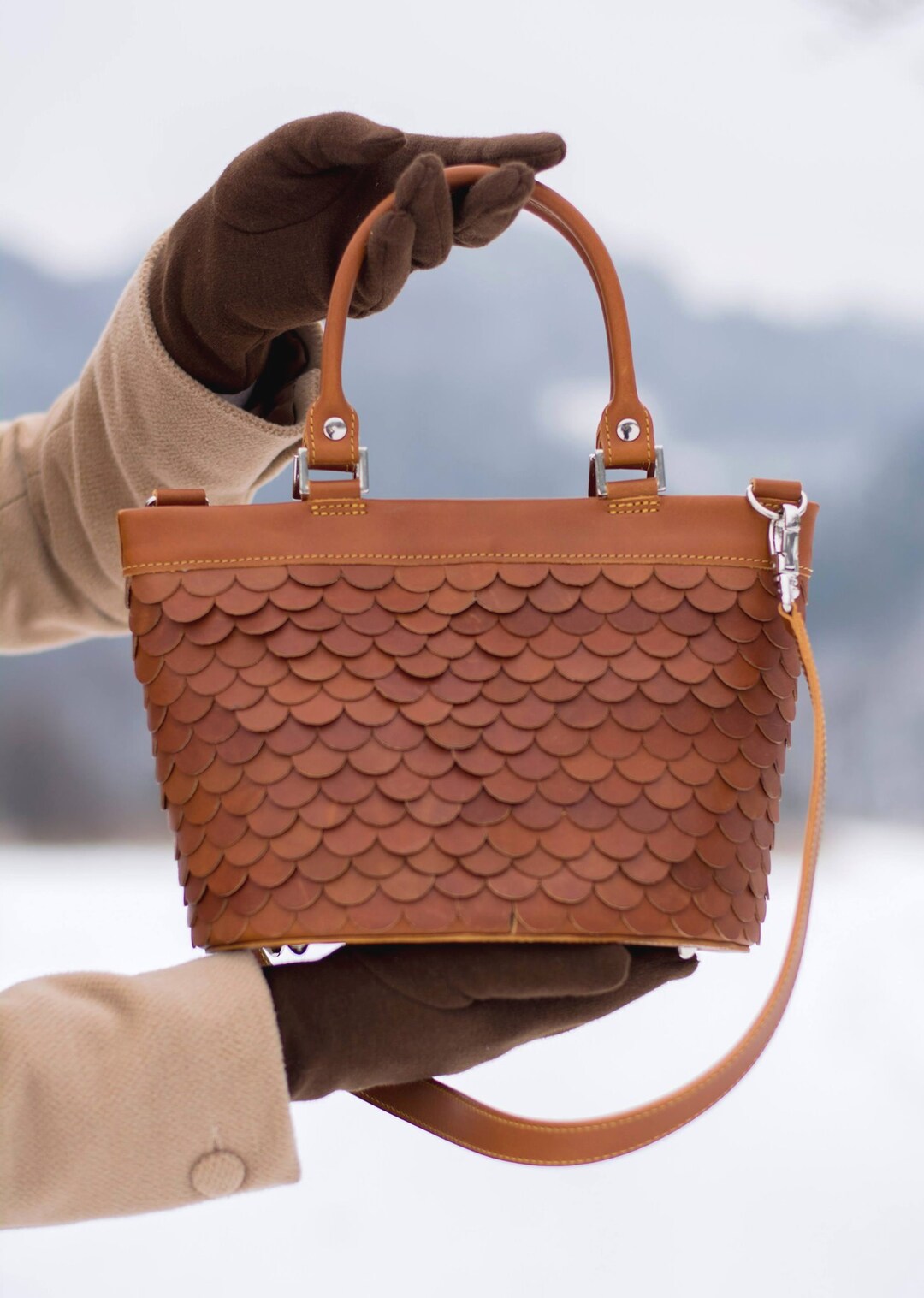 Genuine Leather Fish Scale Bag, Camel Bag, Handmade Handbag, - Etsy